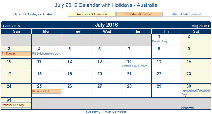 Print Friendly July 2016 Australia Calendar for printing