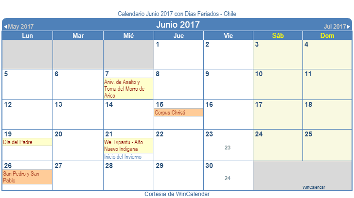 Calendario Junio 2017 para imprimir - Chile
