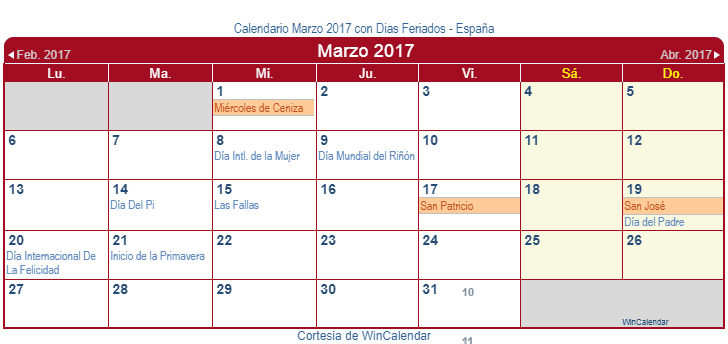 Calendario Marzo 2017 para imprimir - España
