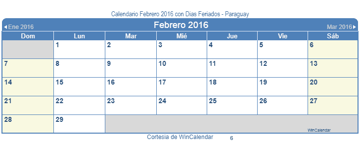 Calendario Febrero 2016 para imprimir - Paraguay