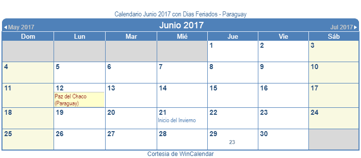 Calendario Junio 2017 para imprimir - Paraguay