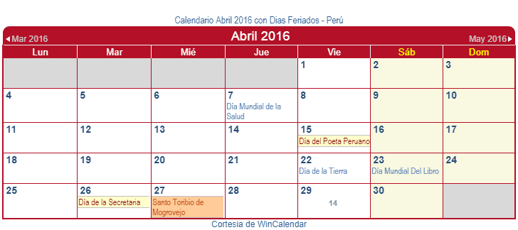 Calendario Abril 2016 para imprimir - Perú
