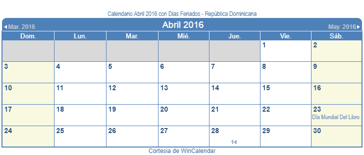 Calendario Abril 2016 para imprimir - República Dominicana