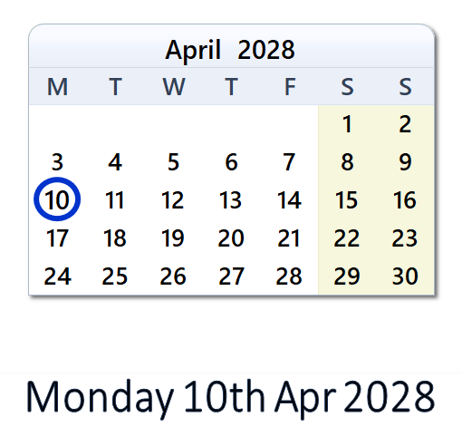 10 April 2028 Calendar with EU Holidays & Count Down
