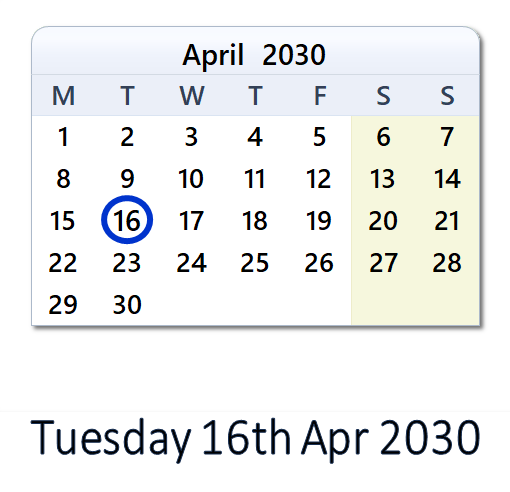 16 April 2030 Calendar with Holidays and Count Down - NZL