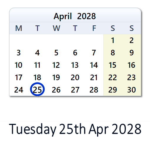 25 April 2028 Calendar with Holidays and Count Down - GBR