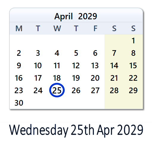 25 April 2029 Calendar with Holidays and Count Down - GBR