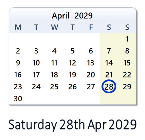28 April 2029 Calendar with Holidays and Count Down - AUS