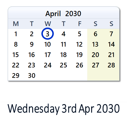 3 April 2030 Calendar with Holidays and Count Down - GBR