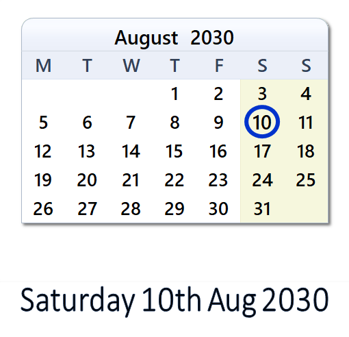 August 10, 2030 Calendar with Holiday info and Count Down - IND
