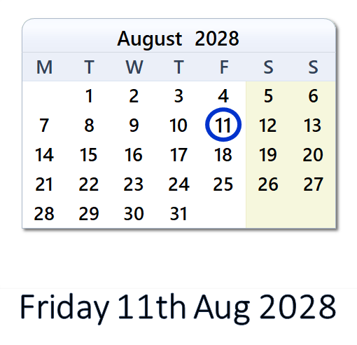 August 11, 2028 Calendar with Holiday info and Count Down - IND