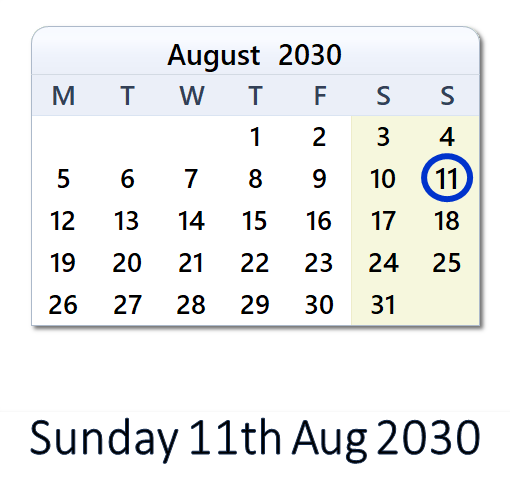 August 11, 2030 Calendar with Holiday info and Count Down - IND