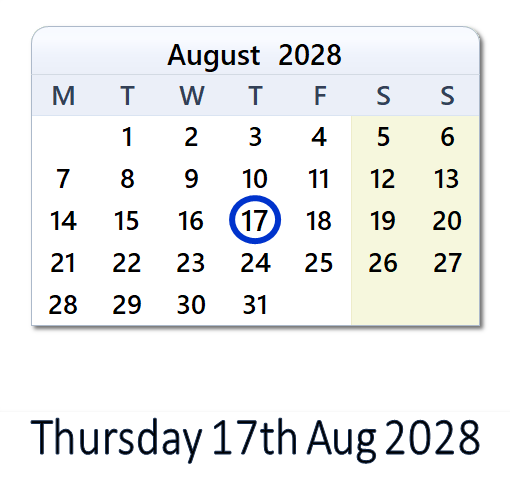 August 17, 2028 Calendar with Holiday info and Count Down - IND