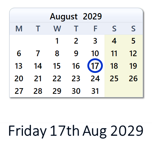 17 August 2029 Calendar with Holidays and Count Down - GBR