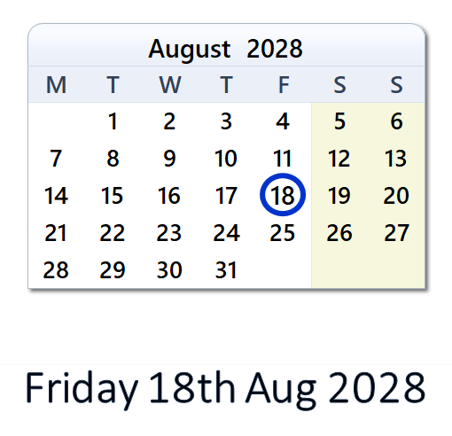 August 18, 2028 Calendar with Holiday info and Count Down - IND