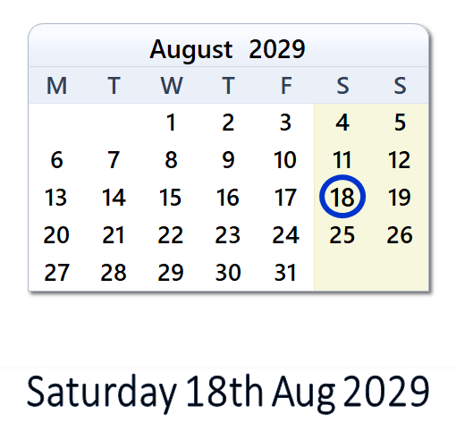 18 August 2029 Calendar with EU Holidays & Count Down