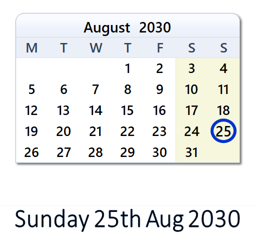 25 August 2030 Calendar with Holidays and Count Down - GBR