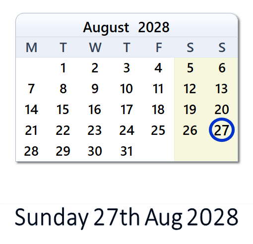 August 27, 2028 Calendar with Holiday info and Count Down - IND