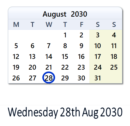 August 28, 2030 Calendar with Holiday info and Count Down - IND