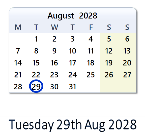 August 29, 2028 Calendar with Holiday info and Count Down - IND