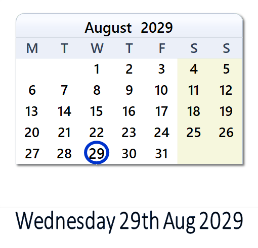 August 29, 2029 Calendar with Holiday info and Count Down - IND