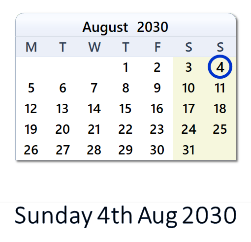 August 4, 2030 Calendar with Holiday info and Count Down - IND