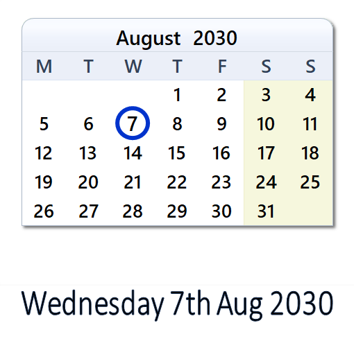 August 7, 2030 Calendar with Holiday info and Count Down - IND