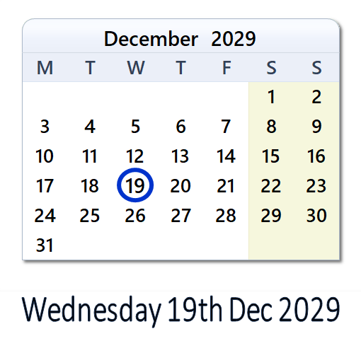 19 December 2029 Calendar with Holidays and Count Down - AUS