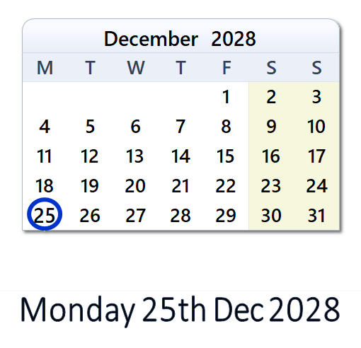 25 December 2028 Calendar with Holidays and Count Down - GBR