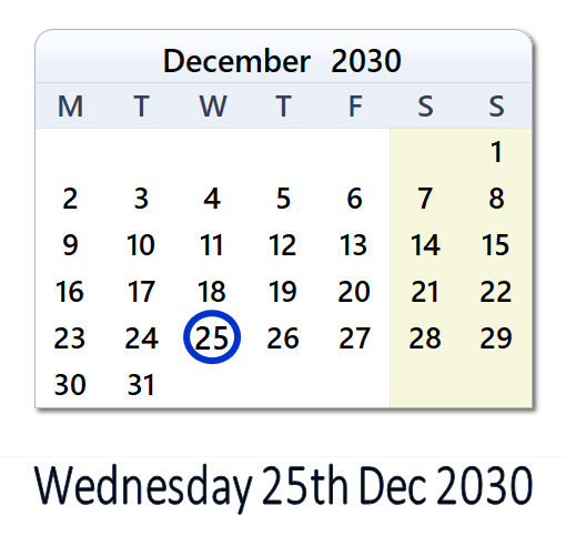 25 December 2030 Calendar with Holidays and Count Down - GBR