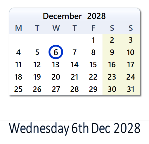 December 6, 2028 Calendar with Holiday info and Count Down - IND