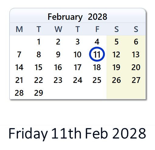 11 February 2028 Calendar with Holidays and Count Down - GBR