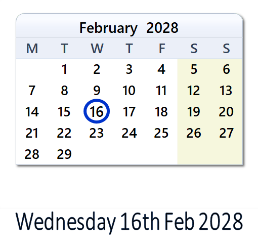 February 16, 2028 Calendar with Holiday info and Count Down - IND