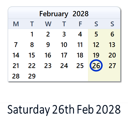February 26, 2028 Calendar with Holiday info and Count Down - IND