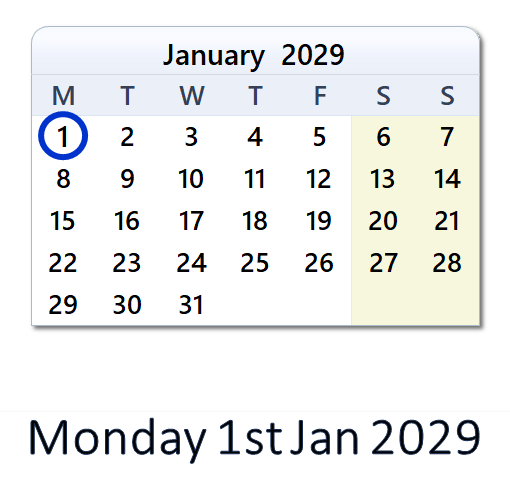 January 1, 2029 Calendar with Holiday info and Count Down - IND