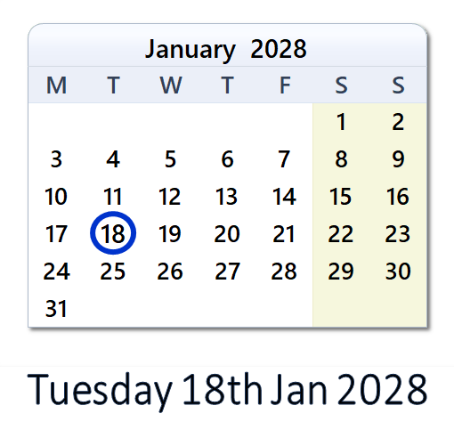 18 January 2028 Calendar with Holidays and Count Down - GBR