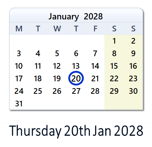 20 January 2028 Calendar with Holidays and Count Down - GBR