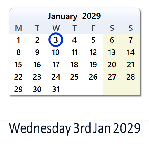 3 January 2029 Calendar with Holidays and Count Down - GBR