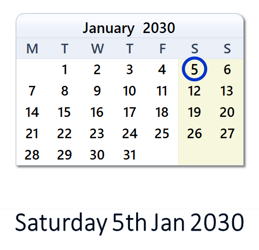 January 5, 2030 Calendar with Holiday info and Count Down - IND