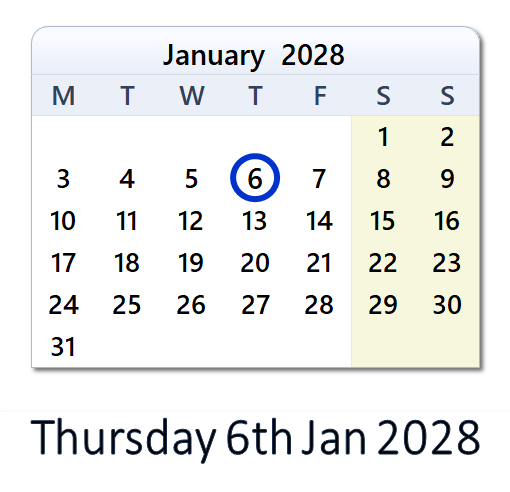 6 January 2028 Calendar with Holidays and Count Down - GBR