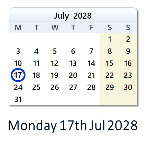 17 July 2028 Calendar with Holidays and Count Down - AUS