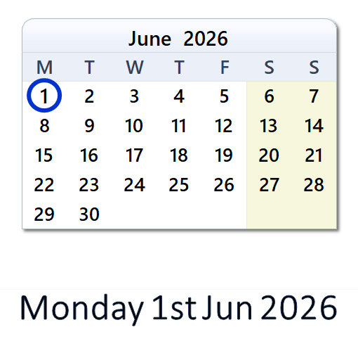 1 June 2026 Calendar with EU Holidays & Count Down