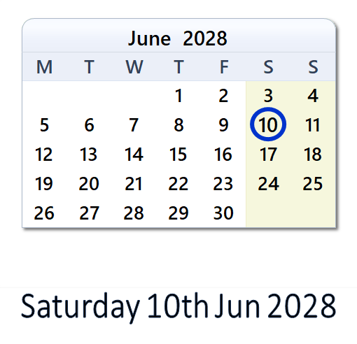 10 June 2028 Calendar with Holidays and Count Down - AUS