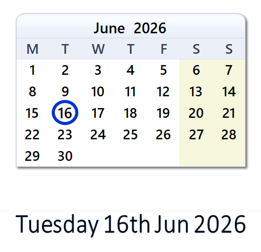 16 June 2026 Calendar with Holidays and Count Down - GBR