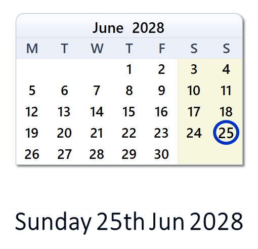 25 June 2028 Calendar with Holidays and Count Down - GBR