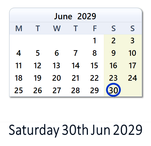 June 30, 2029 Calendar with Holiday info and Count Down - IND