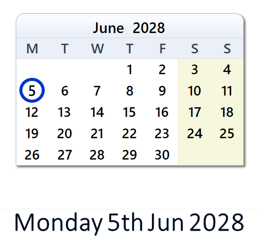 5 June 2028 Calendar with Holidays and Count Down - NZL