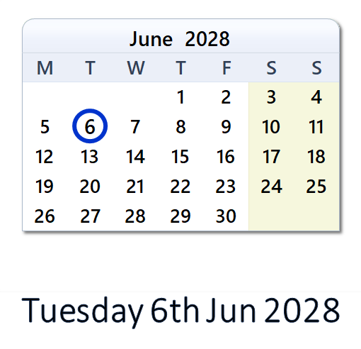 6 June 2028 Calendar with EU Holidays & Count Down