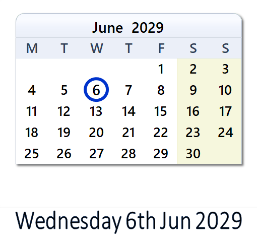6 June 2029 Calendar with Holidays and Count Down - AUS