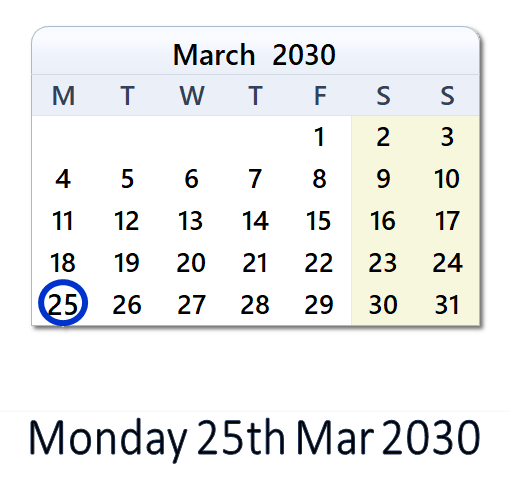 25 March 2030 Calendar with Holidays and Count Down - GBR